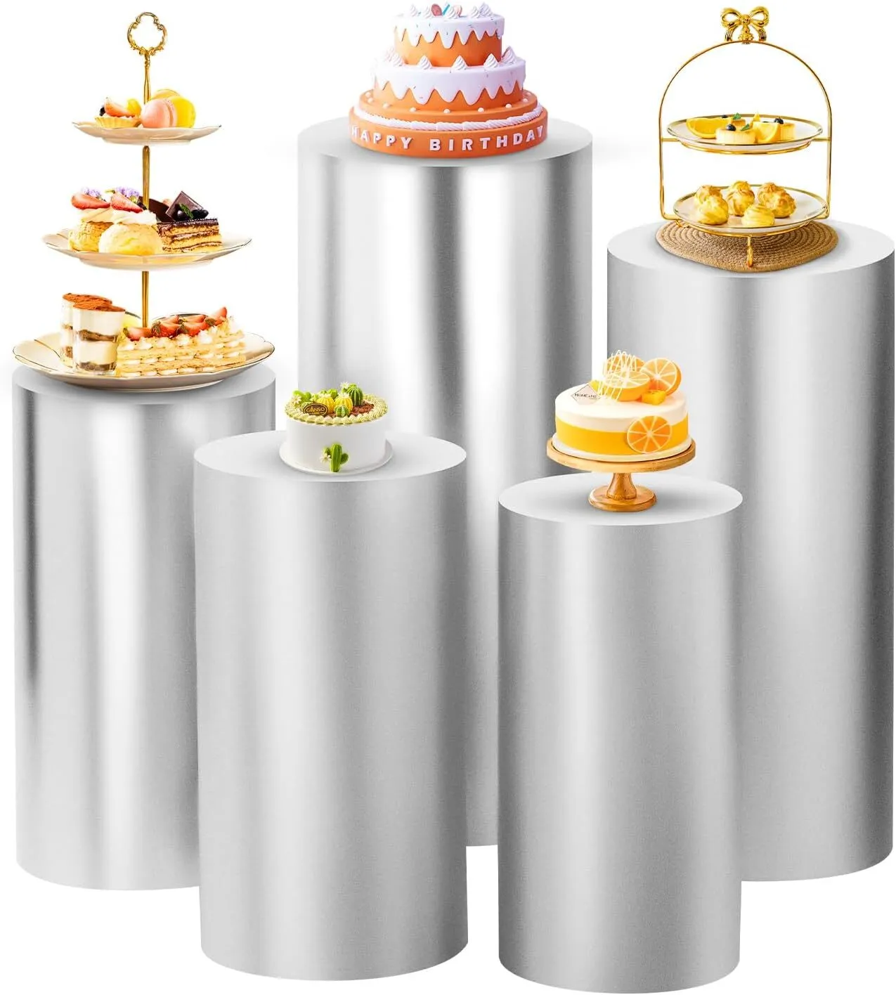 Cylinder Backdrop Dessert Stand Tables - with Silver Covers | Cobb ...