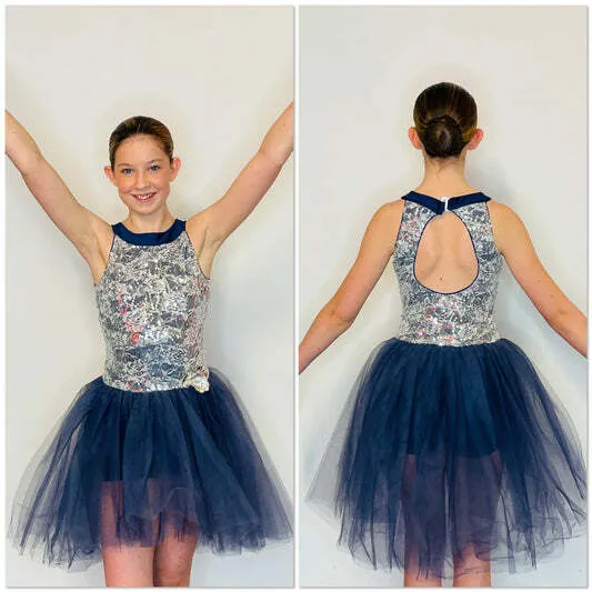 BL023 - SILVER/NAVY LACE NET DRESS | B'Loved Dance Costume Hire