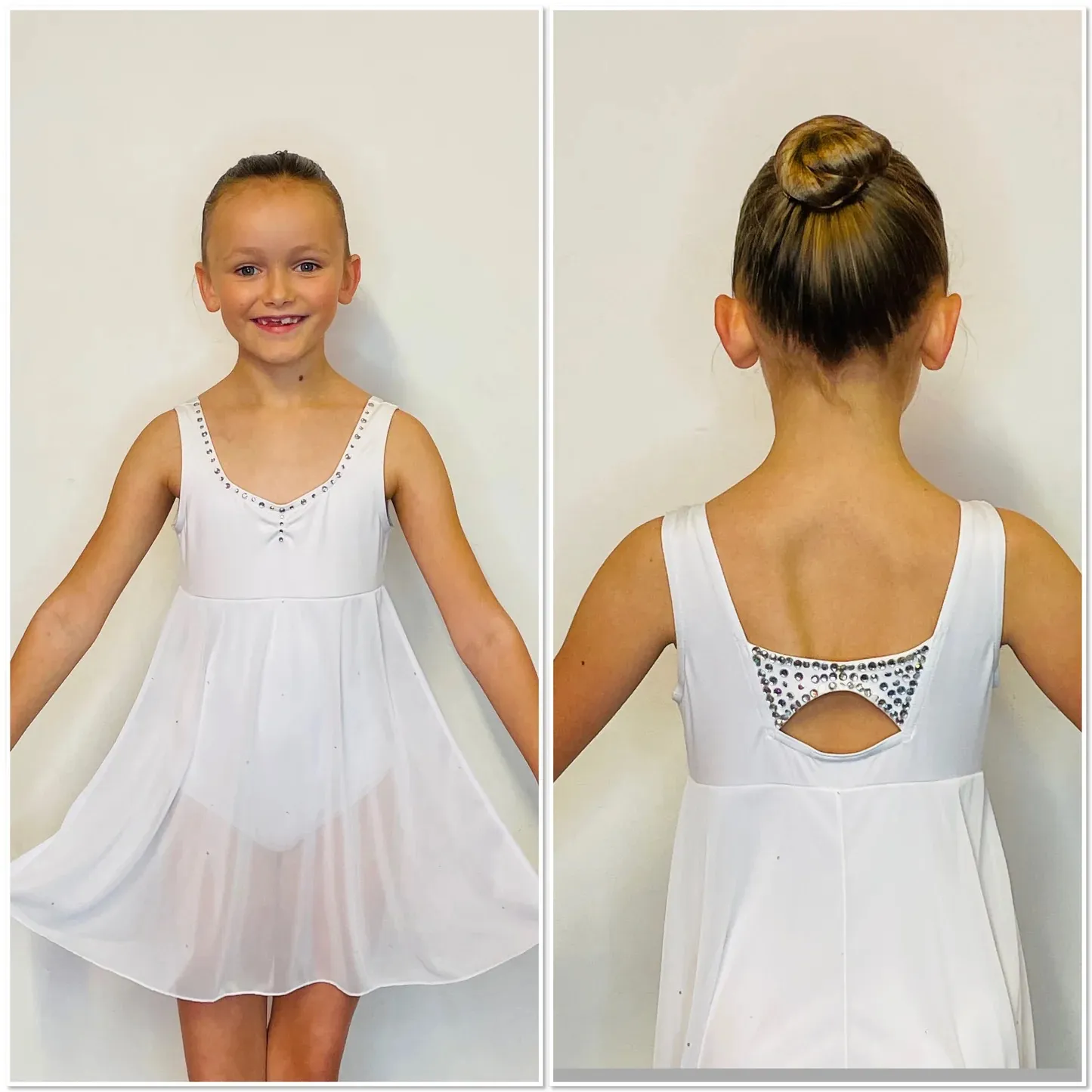 BL040 - WHITE BOW DRESS WITH GEMS | B'Loved Dance Costume Hire